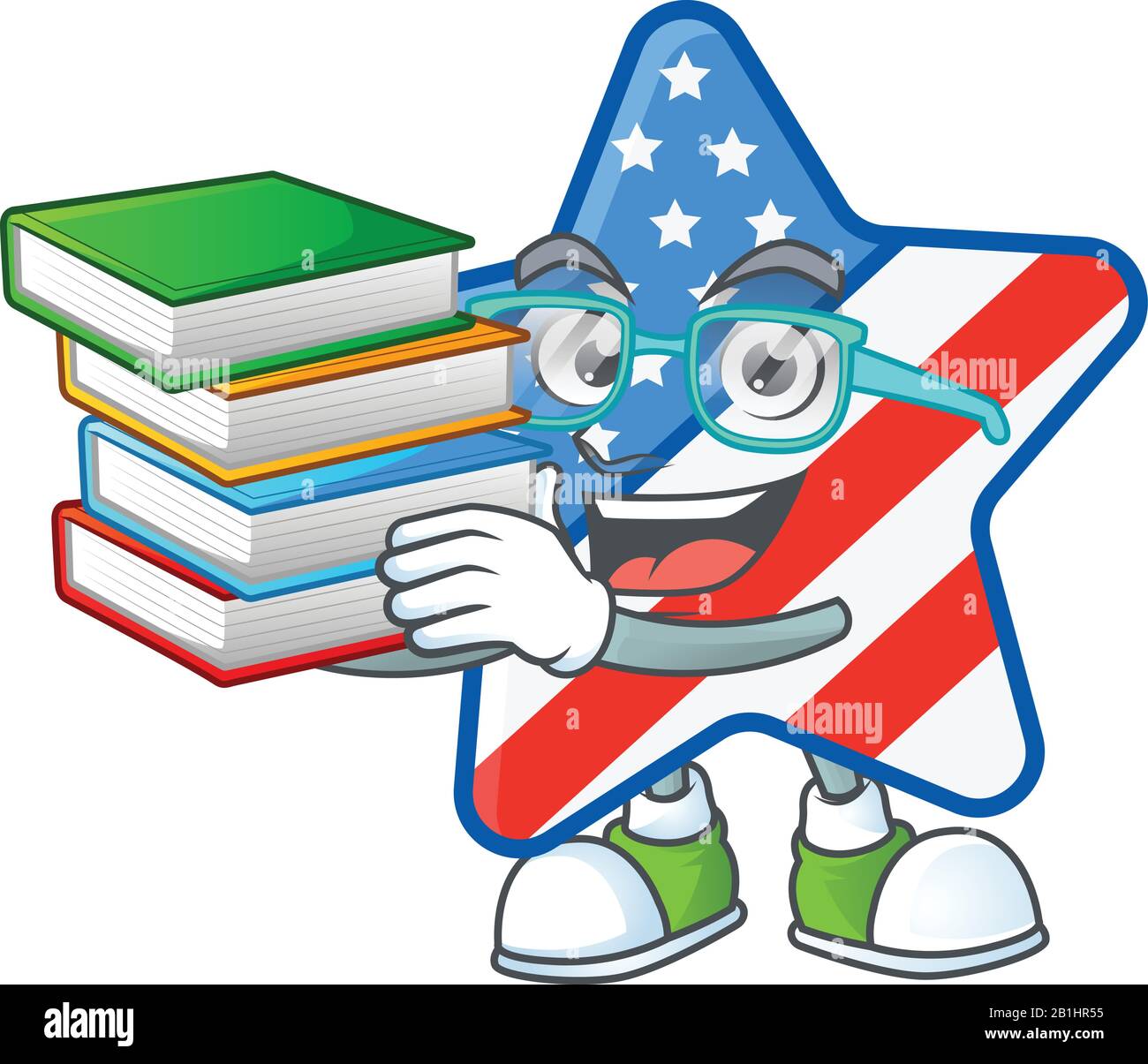 A brainy clever cartoon character of USA star studying with some books ...
