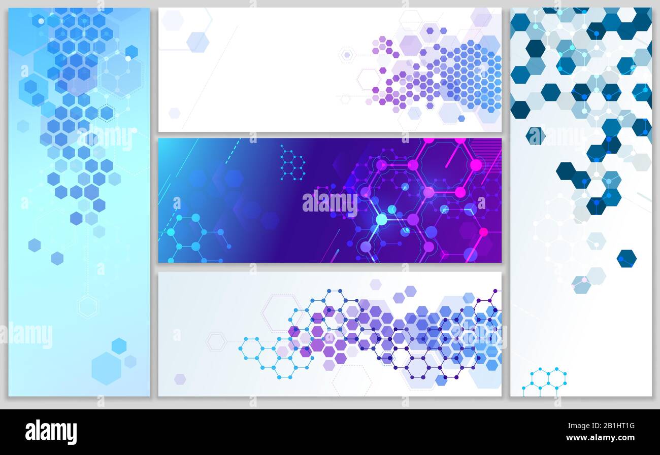 Molecular structure banners. Abstract hexagonal grid, chemistry structures and dna model science ...