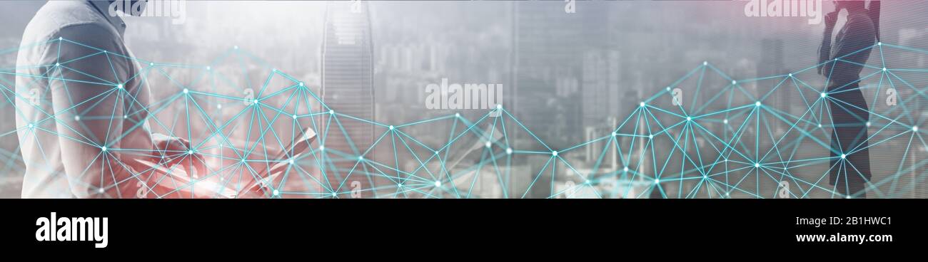 Network on city skyline at night. Connecting technology concept. Blue ...