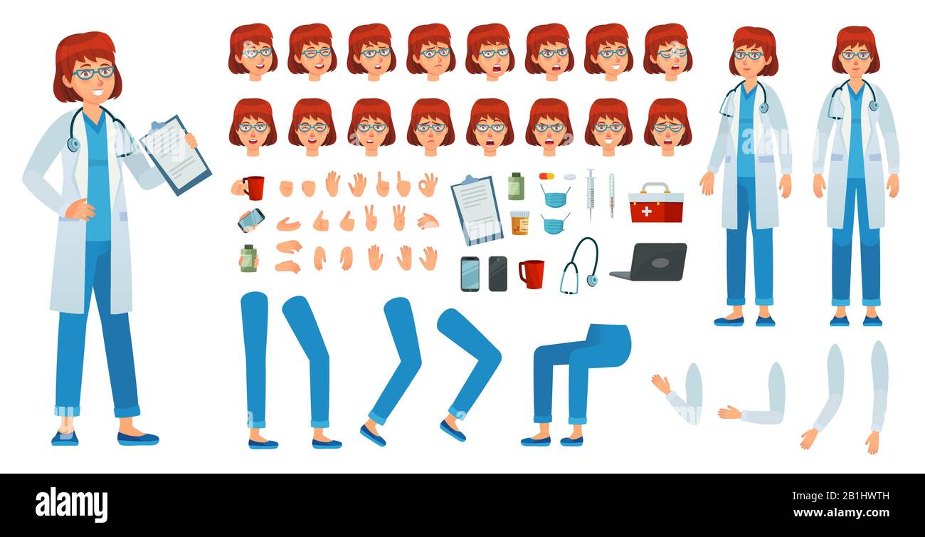 Cartoon female doctor creation kit. Medic woman kit, healthcare doctors ...