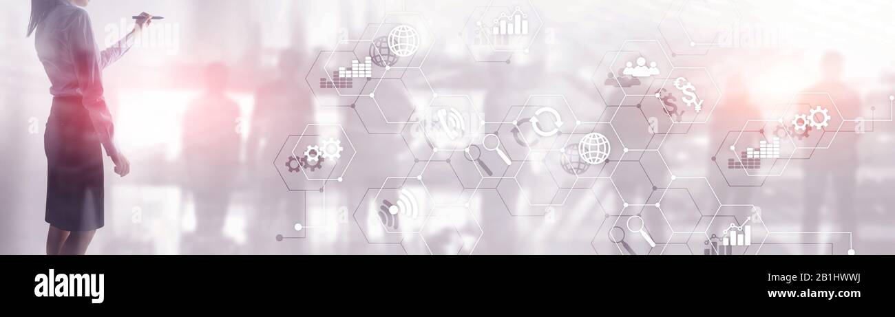 Diagrams and icons on hologram screen. Mixed Media Website Business ...