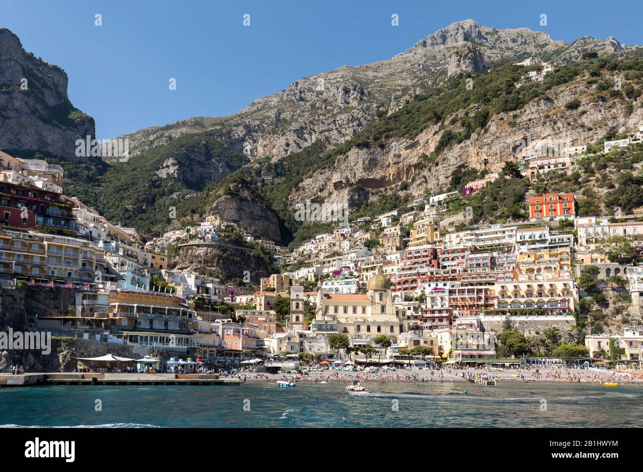 Positano, Italy - June 13, 2017: Positano seen from the sea on Amalfi ...