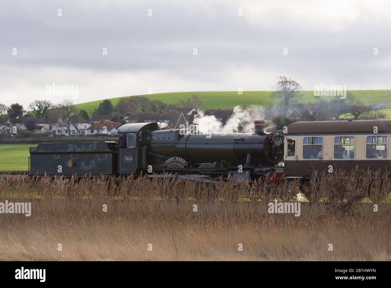 Steam locomotive 7828, Norton Manor pulling a train across Ker Moor ...
