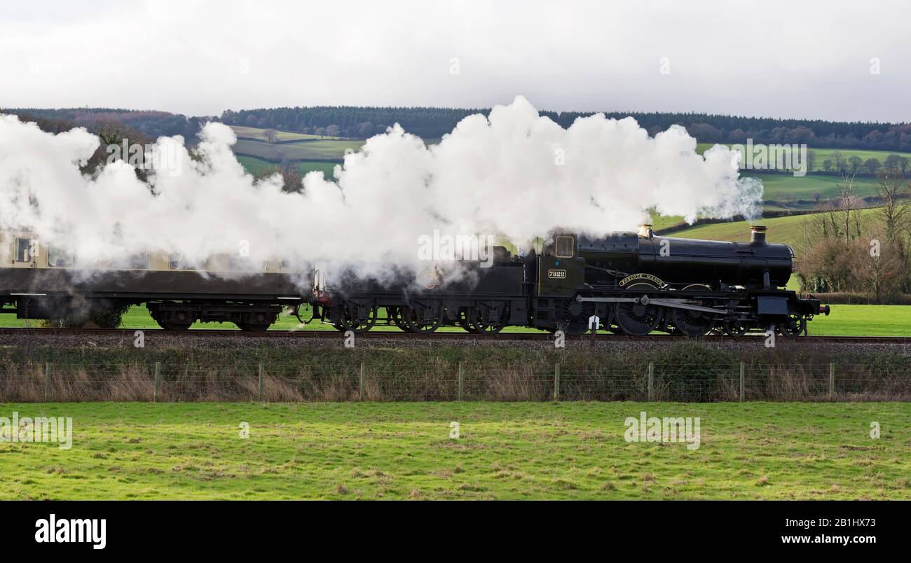 Steam locomotive 7822, Foxcote Manor pulling a train across Ker Moor ...