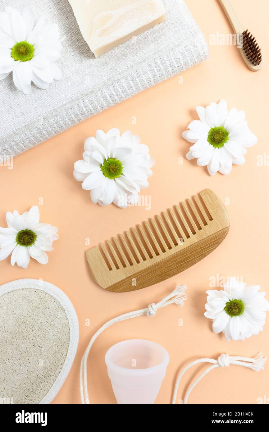 Flowers and accessories for personal hygiene. Zero waste layout on ...