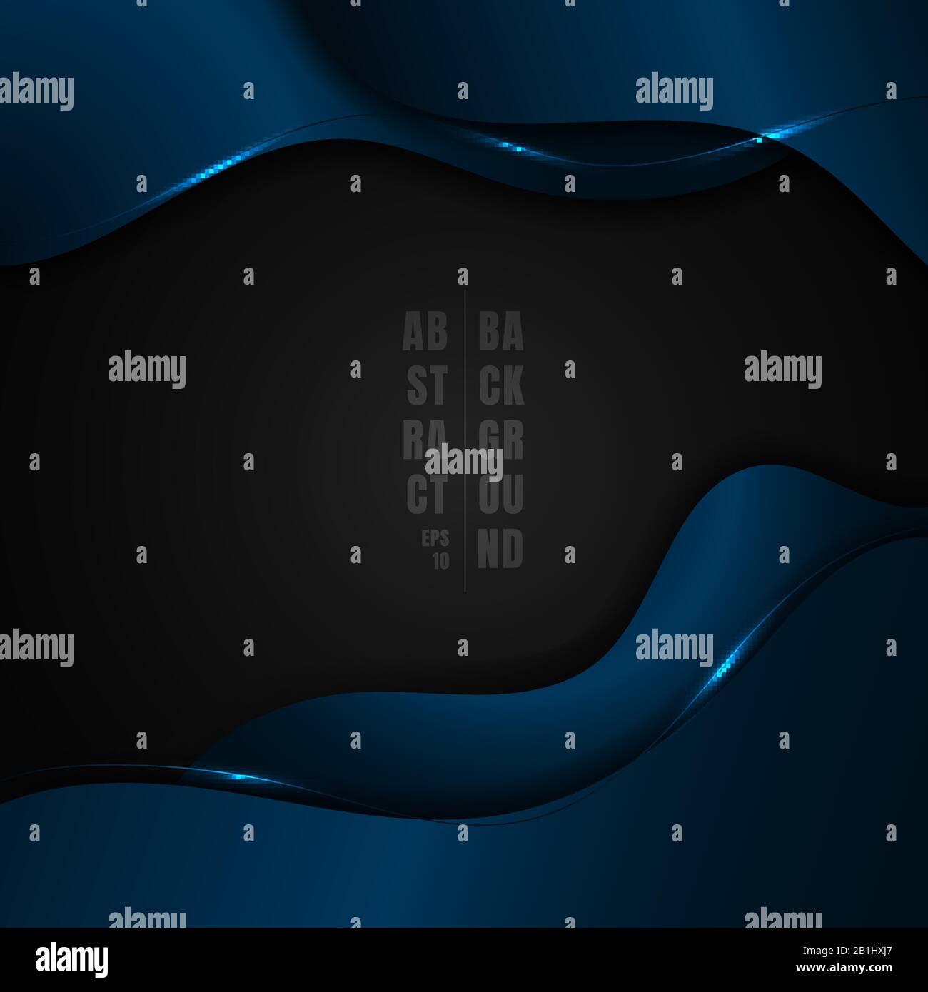 Abstract blue metallic wave shape with lighting effect on black ...