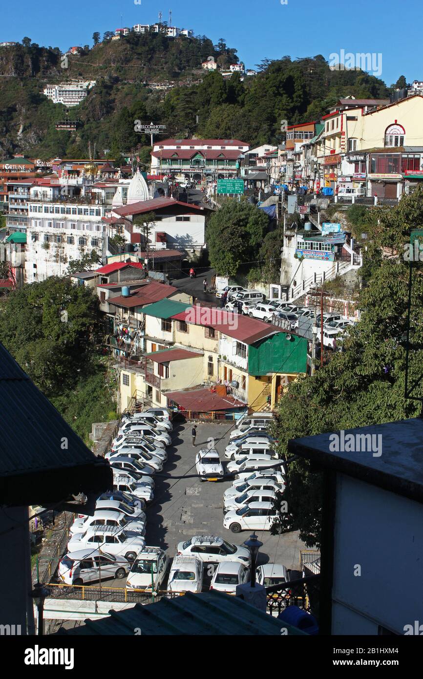 Aerial view of village and car parking in the morning, Mussoorie ...