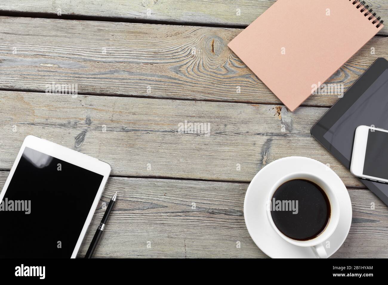 Working place, wooden table. top view. Creative photo Stock Photo - Alamy