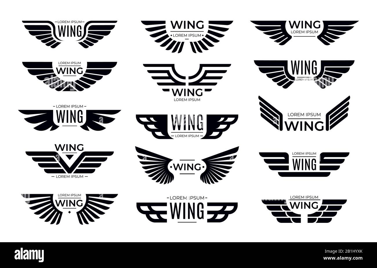 Wings badges. Flying emblem, eagle bird wing and winged frame vector ...