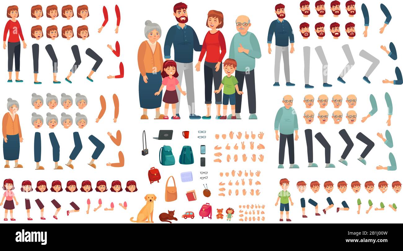 Cartoon family creation kit. Parents, children and grandparents ...