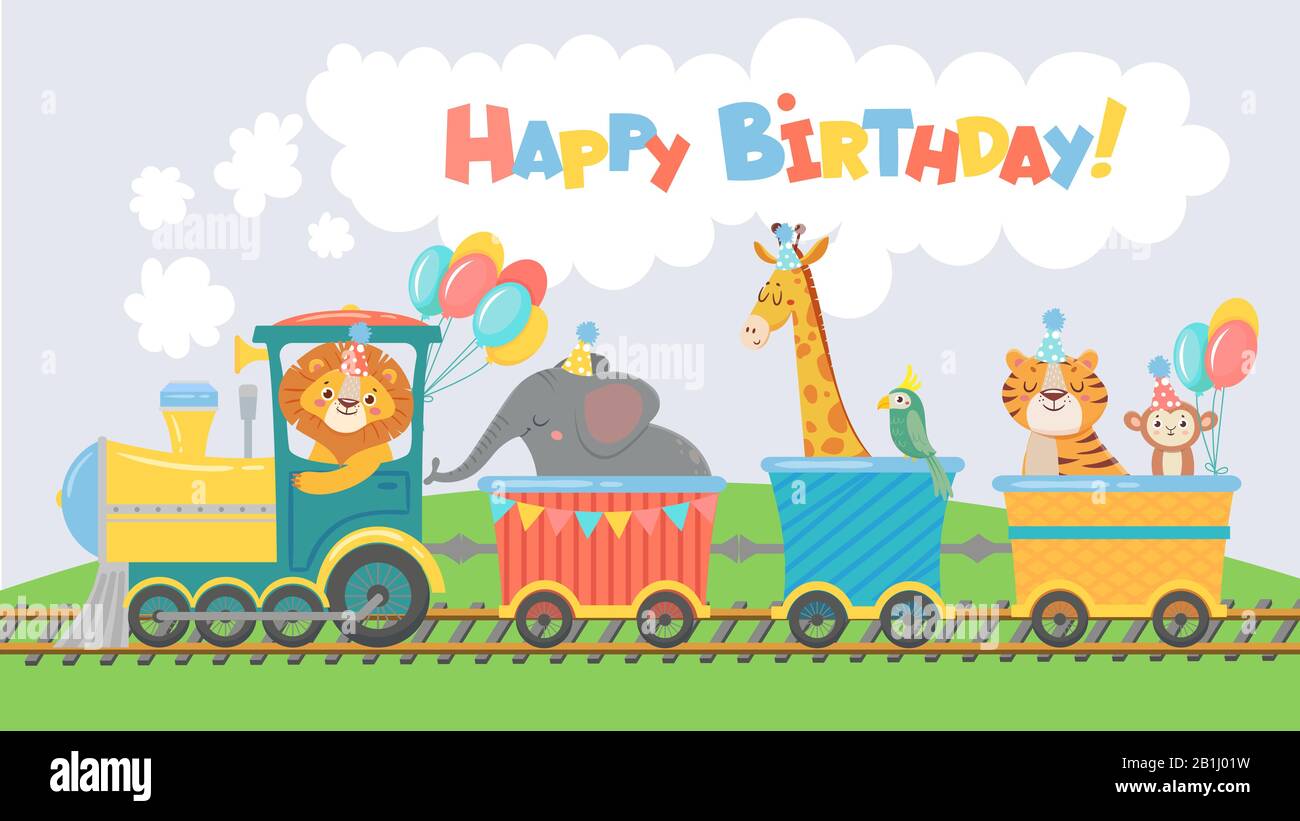 Animals on train greeting card. Happy birthday cute animal in railroad ...