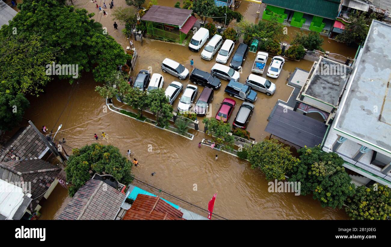 Aerial POV view Depiction of flooding. devastation wrought after ...