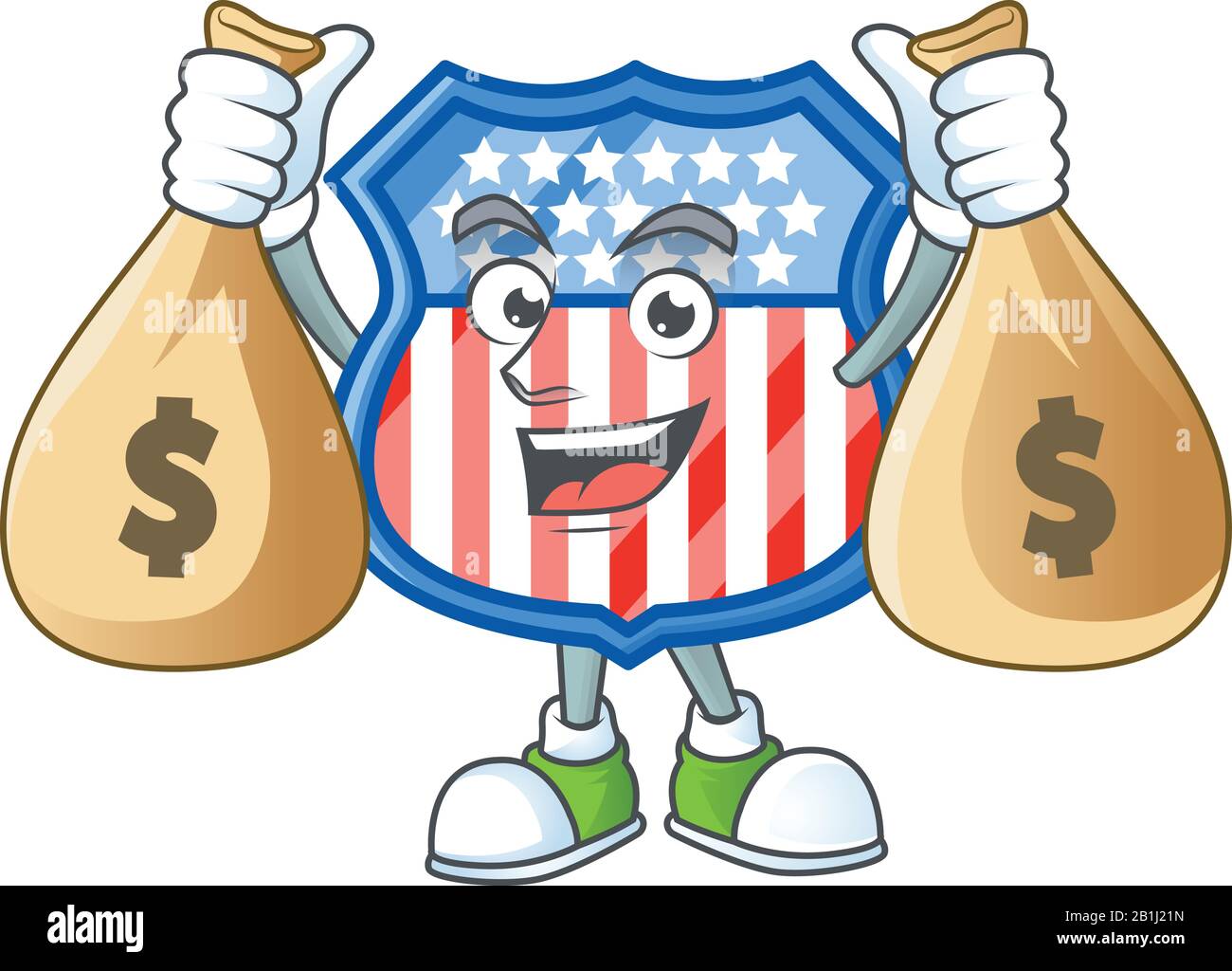 A cute image of shield badges USA cartoon character holding money bags ...
