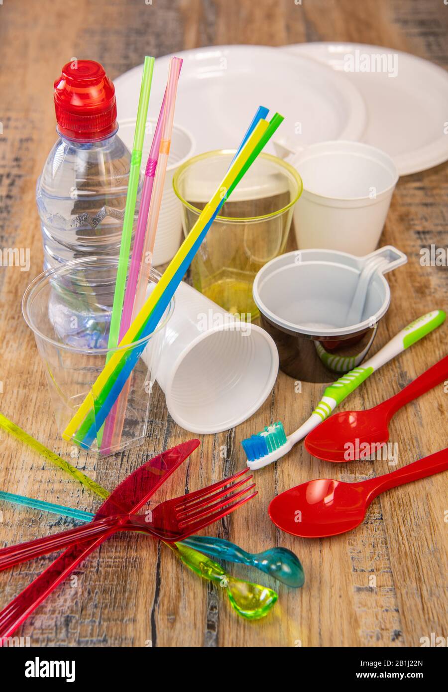 Everyday plastic waste, various plastic utensils, environmental ...