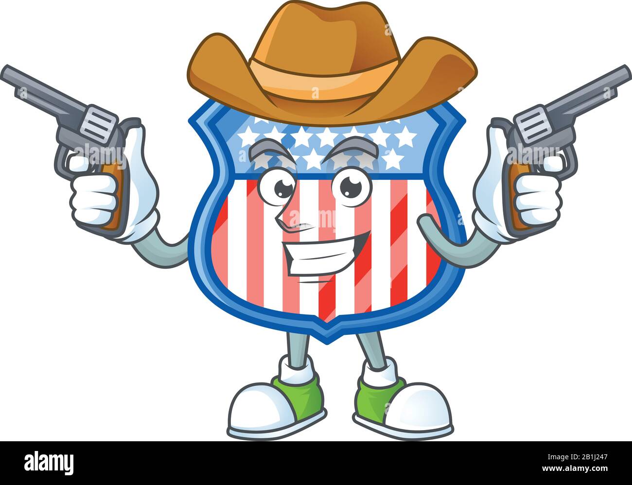 The brave of shield badges USA Cowboy cartoon character holding guns ...