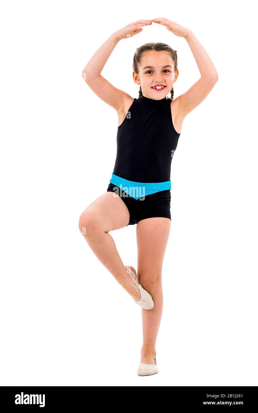 Girl child practice and doing rhythmic gymnastics portrait, white ...