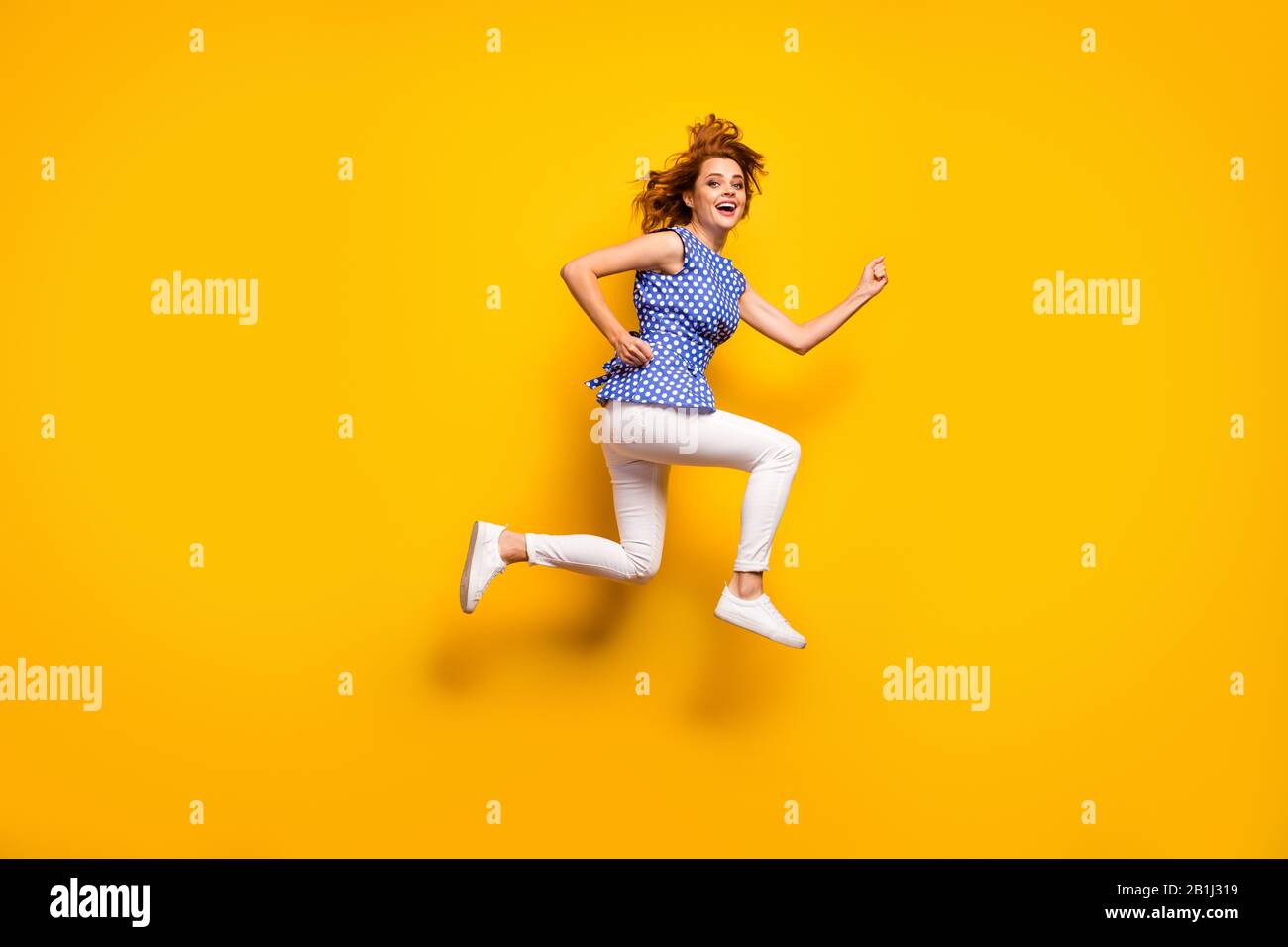 Full body photo of pretty crazy lady jumping high up rushing shopping ...