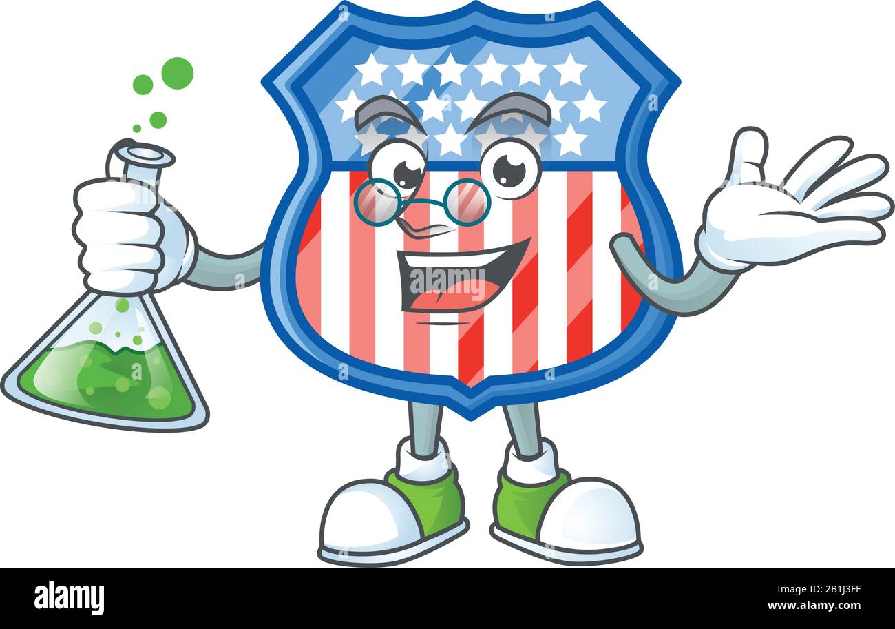 A genius Professor shield badges USA cartoon character with glass tube ...