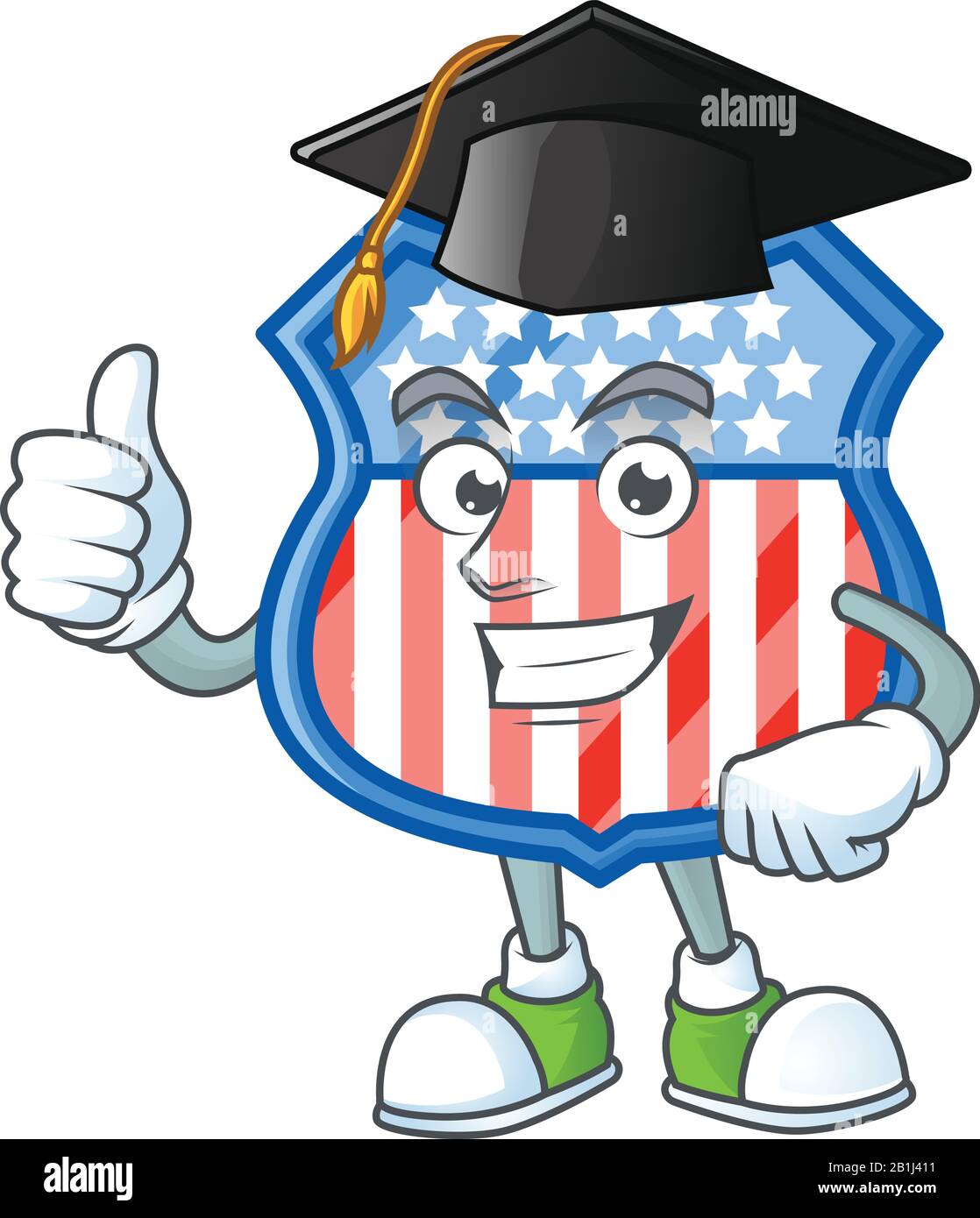 A happy character of shield badges USA in a black Graduation hat Stock ...