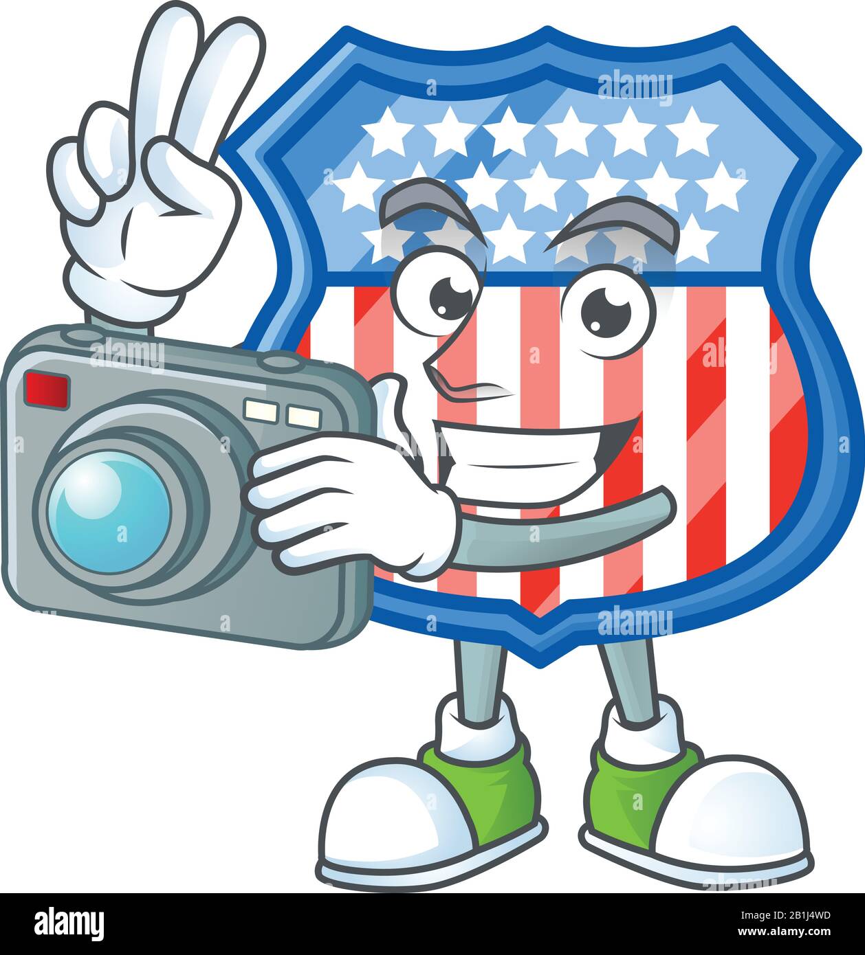 A shield badges USA Photographer cartoon character in action with a ...