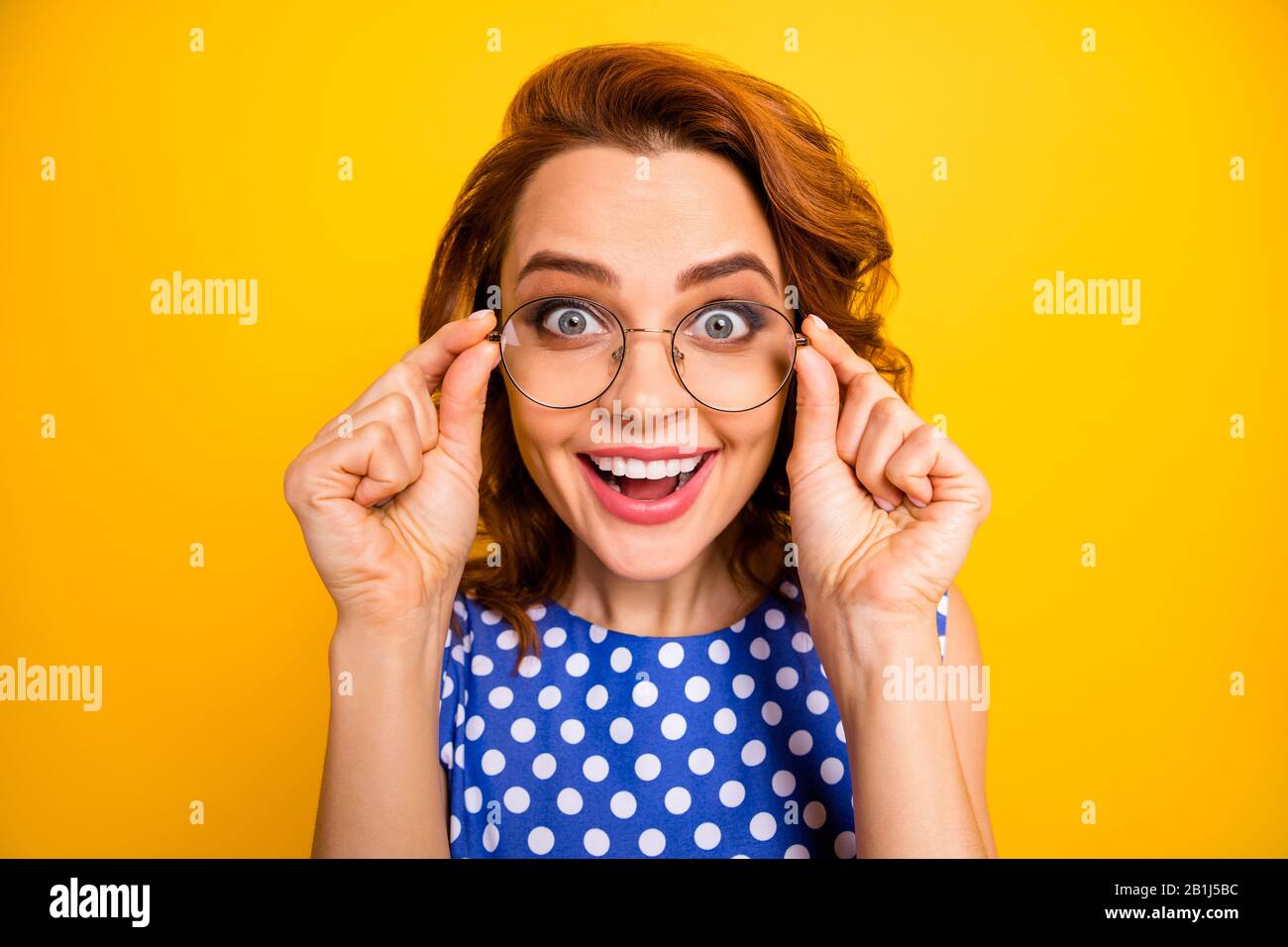 Closeup photo of pretty lady looking world through new eyeglasses ...