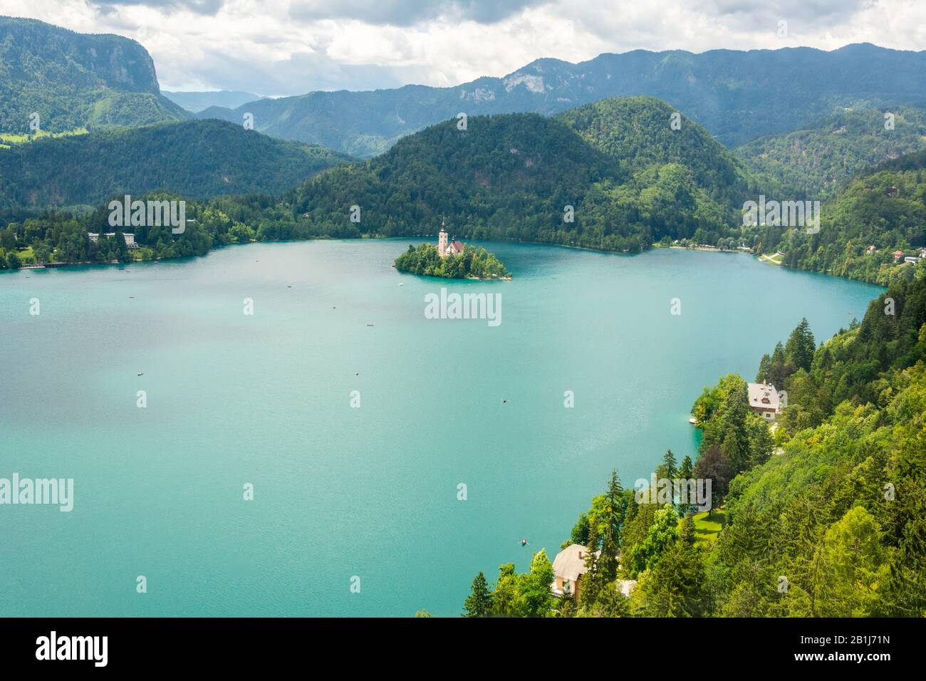 View of Lake Bled in Slovenia, with Bled Island and mountains in the ...