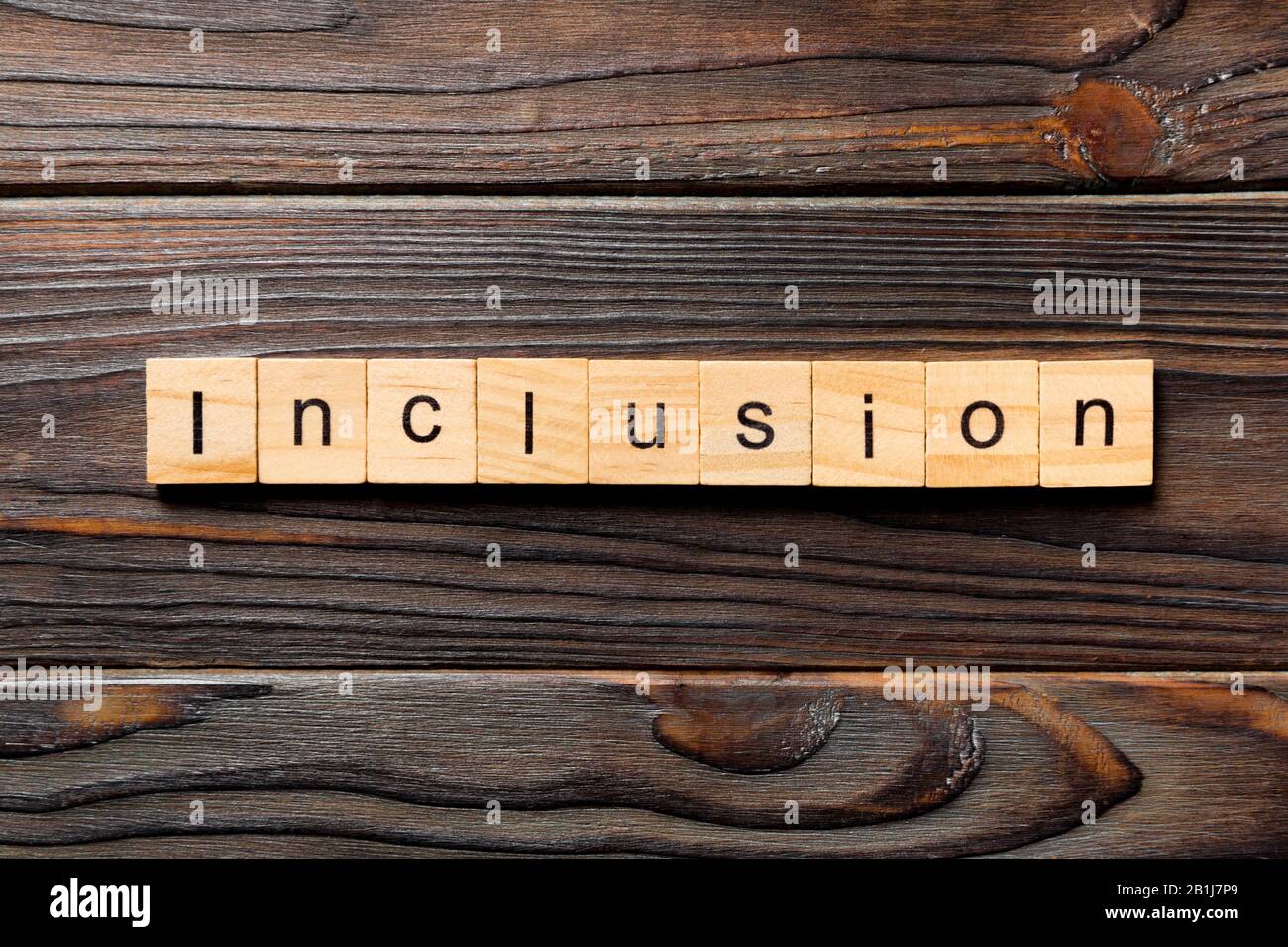 Inclusion word written on wood block. Inclusion text on wooden table ...