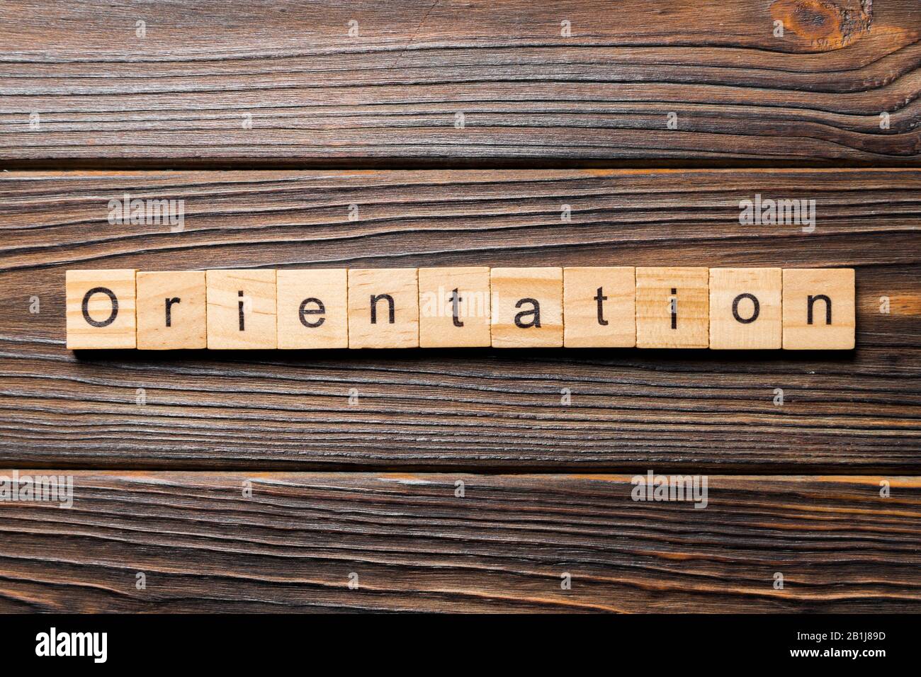 Orientation word written on wood block. Orientation text on wooden ...