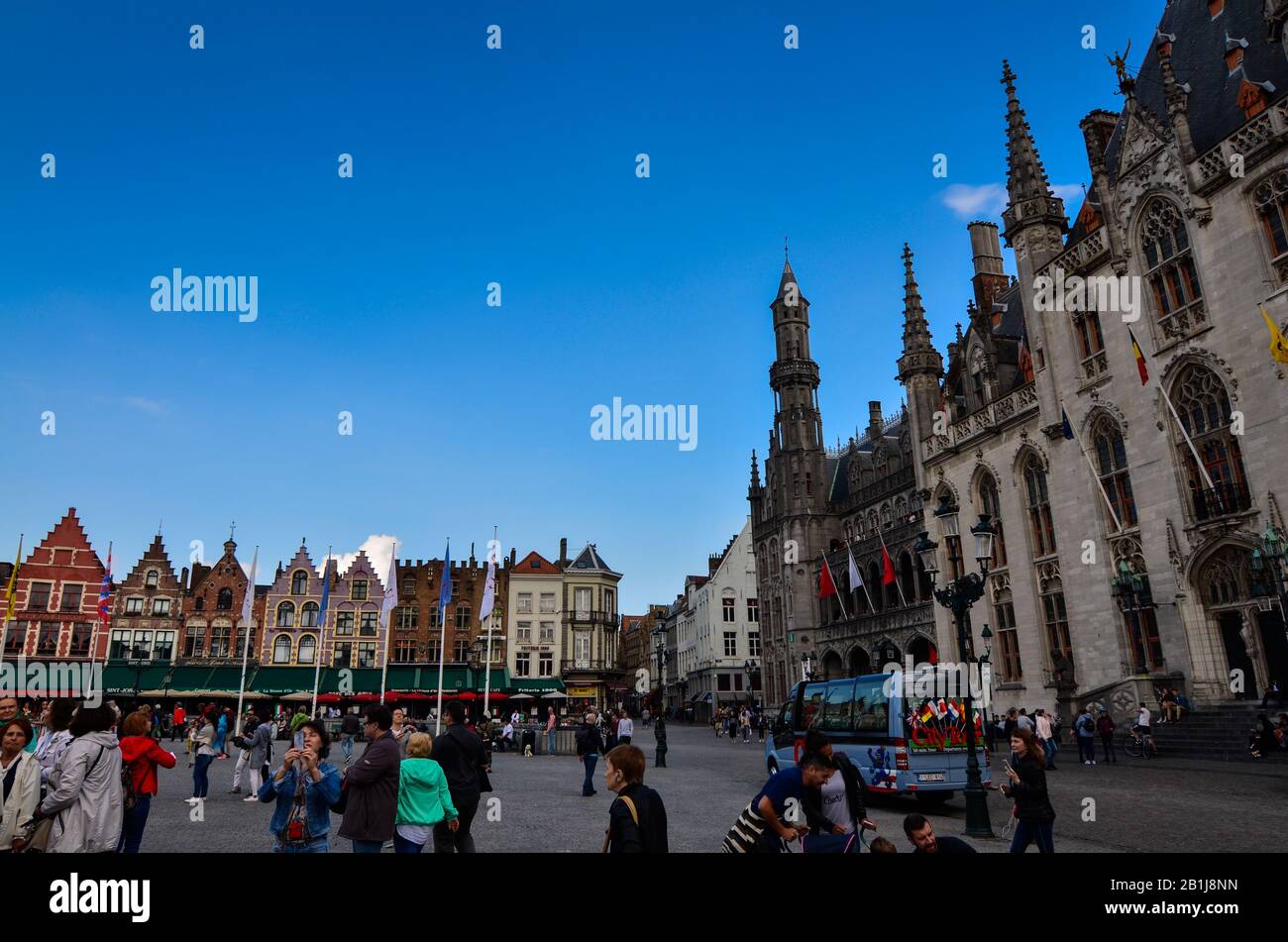 Bruges, Belgium. August 2019. The market square is one of the main ...
