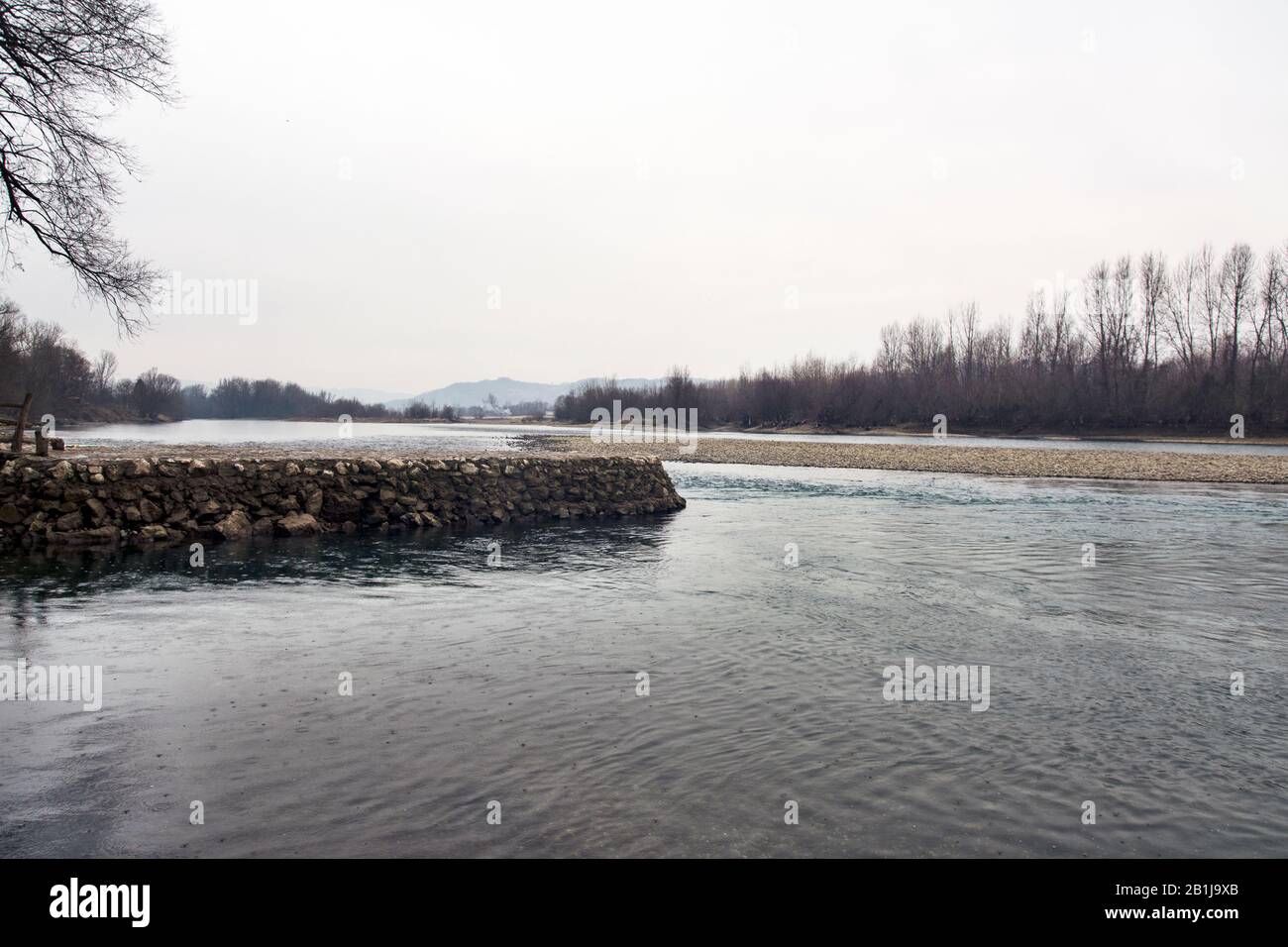 View of the Drina River on a gloomy winter day. Popular TV series are ...