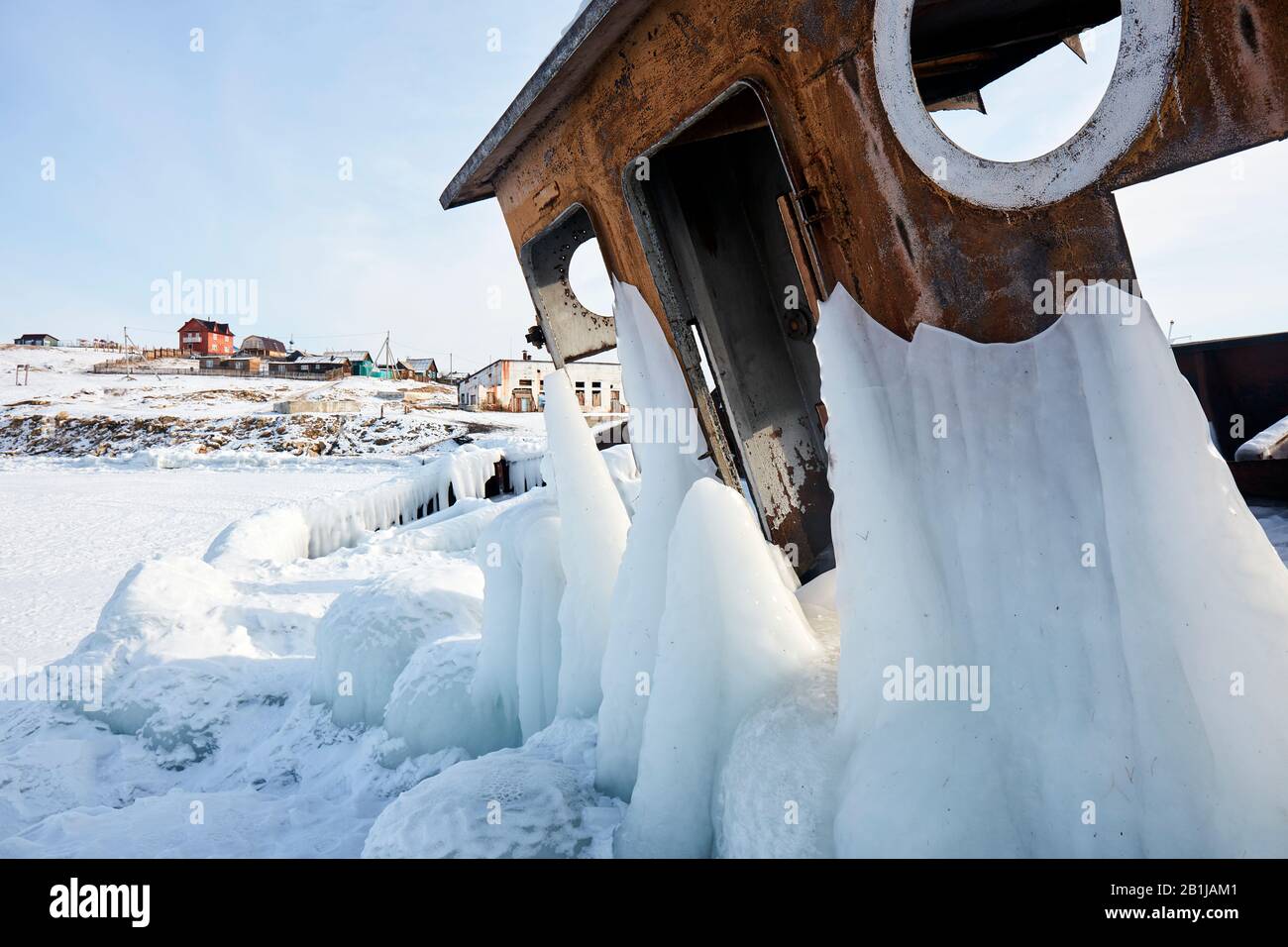 Ice covered Ship wreck in Lake Baikal Stock Photo - Alamy