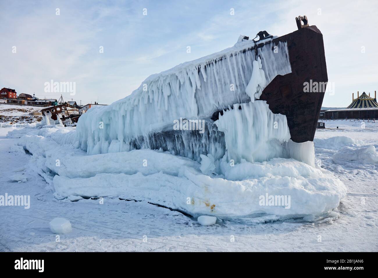 Ice covered Ship wreck in Lake Baikal Stock Photo - Alamy