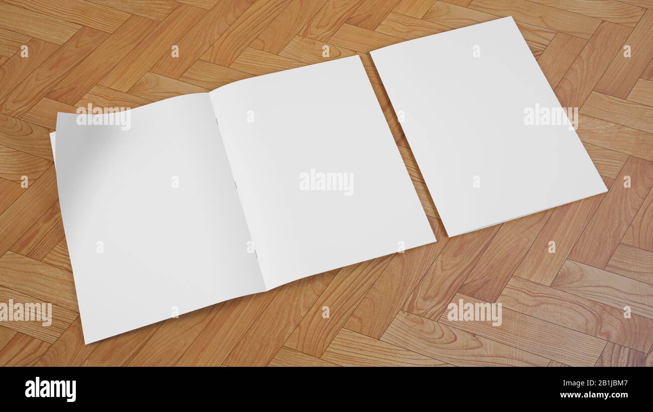open and closed brochures on wooden background 3d rendering Stock Photo ...