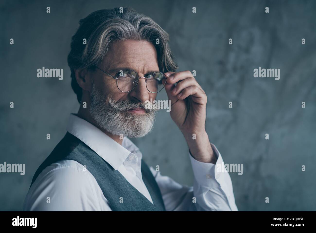 Close up photo of charismatic old dandy millionaire touch his expensive ...