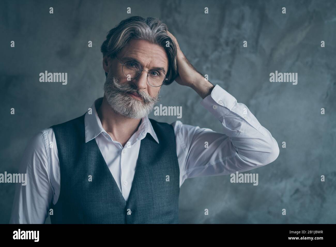 Portrait of stunning confident cool macho old man millionaire look good ...