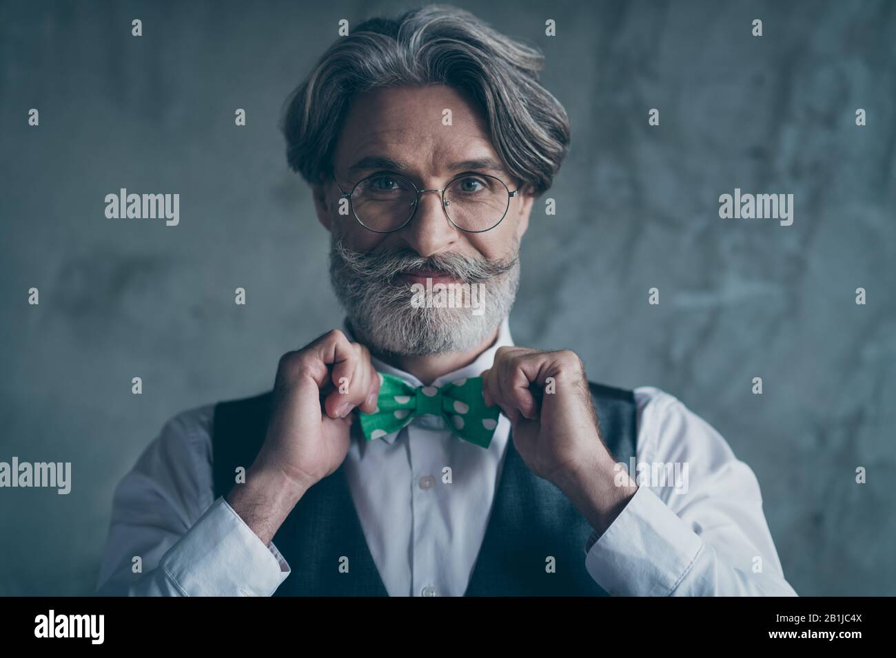 Close up photo of classy old rich luxury wealthy man prepare for work ...