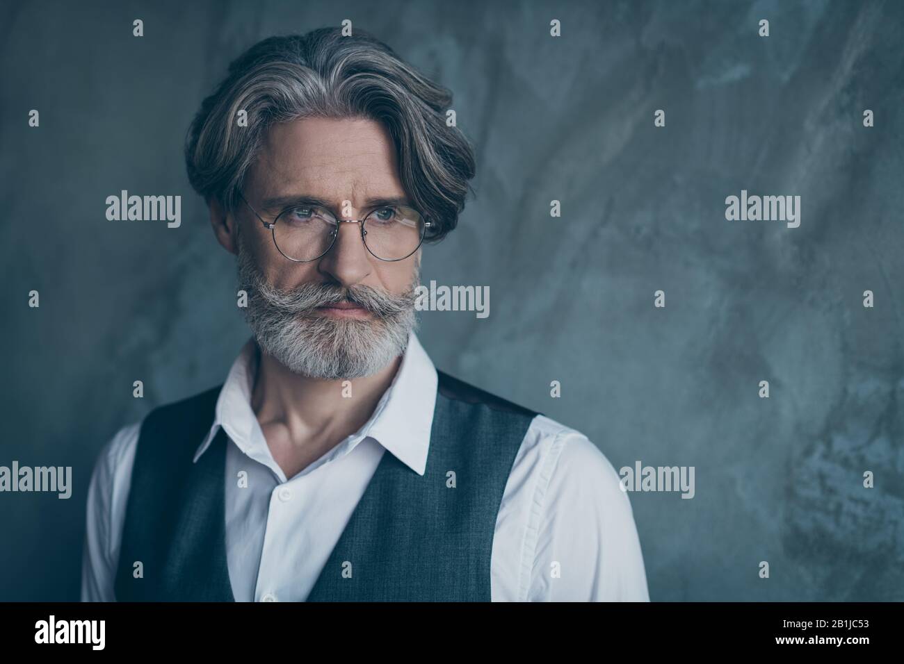 Portrait of minded pensive old rich wealthy man worker look copy space ...