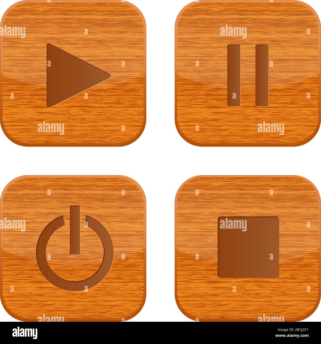 Media buttons - play, stop, pause, power. Wooden square shaped icons ...