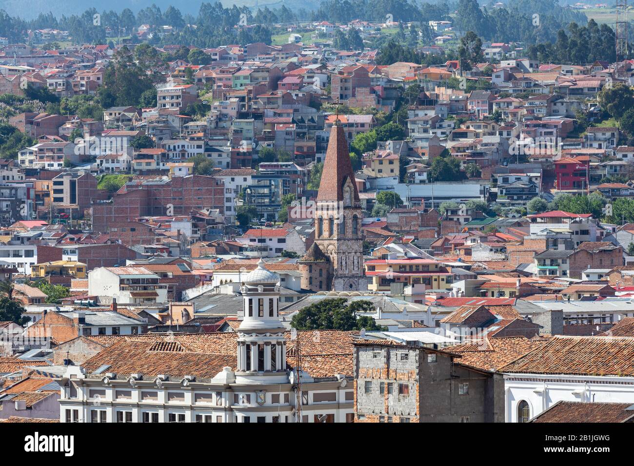 View of the city of Cuenca, Ecuador, with it's many churches at sunny ...