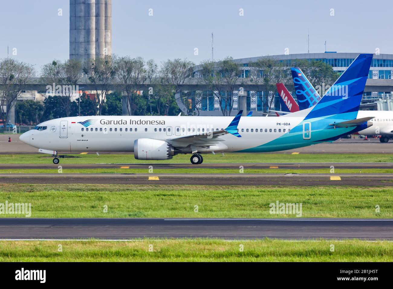 Jakarta, Indonesia – January 27, 2018: Garuda Indonesia Boeing 737 MAX 8 airplane at Jakarta ...