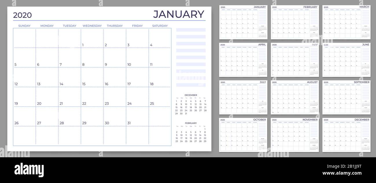 Monthly planner template. Year calendar notes grid, 2020 planners ...