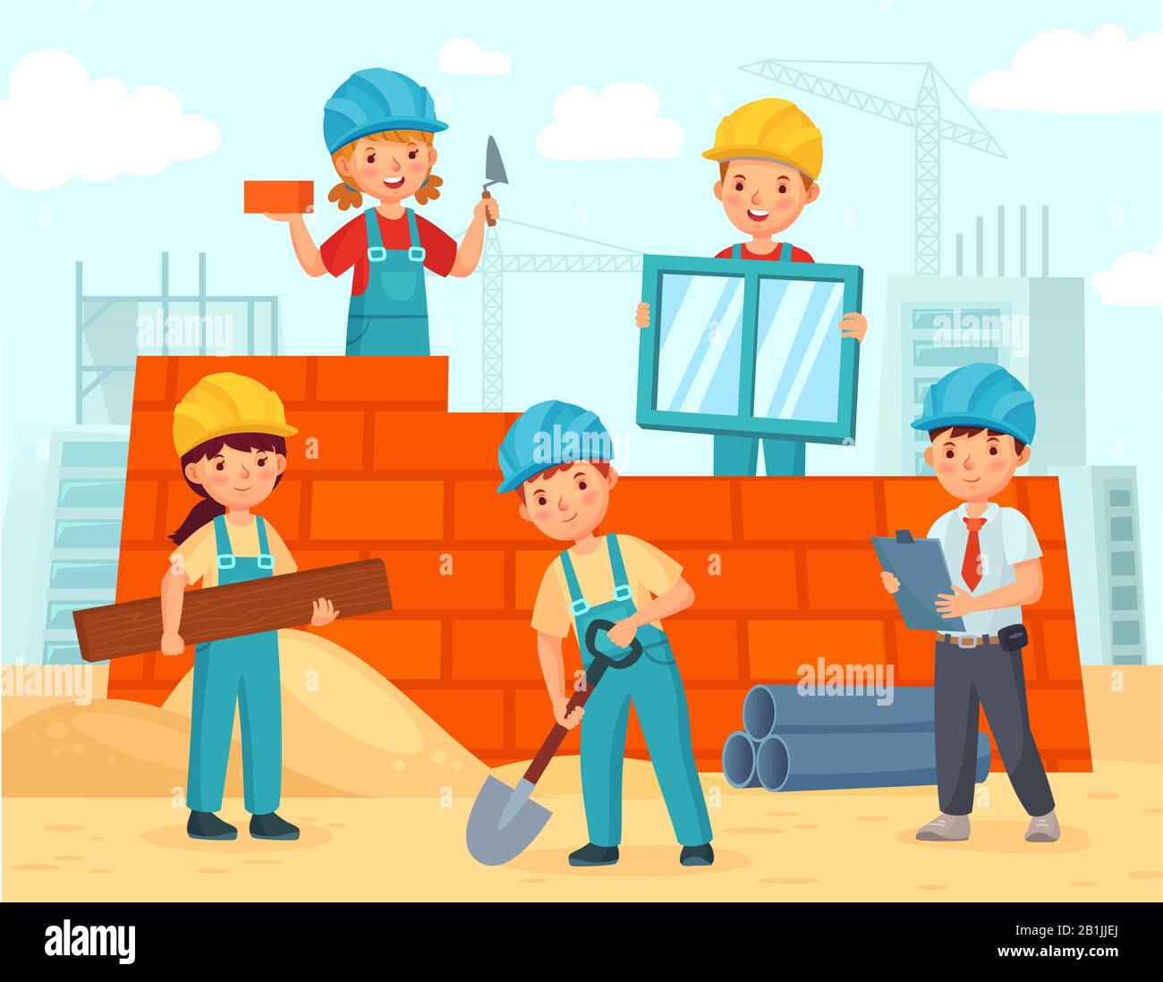 Kids build construction. Little workers in helmets build building from ... Kids build construction. Little workers in helmets build building from ...