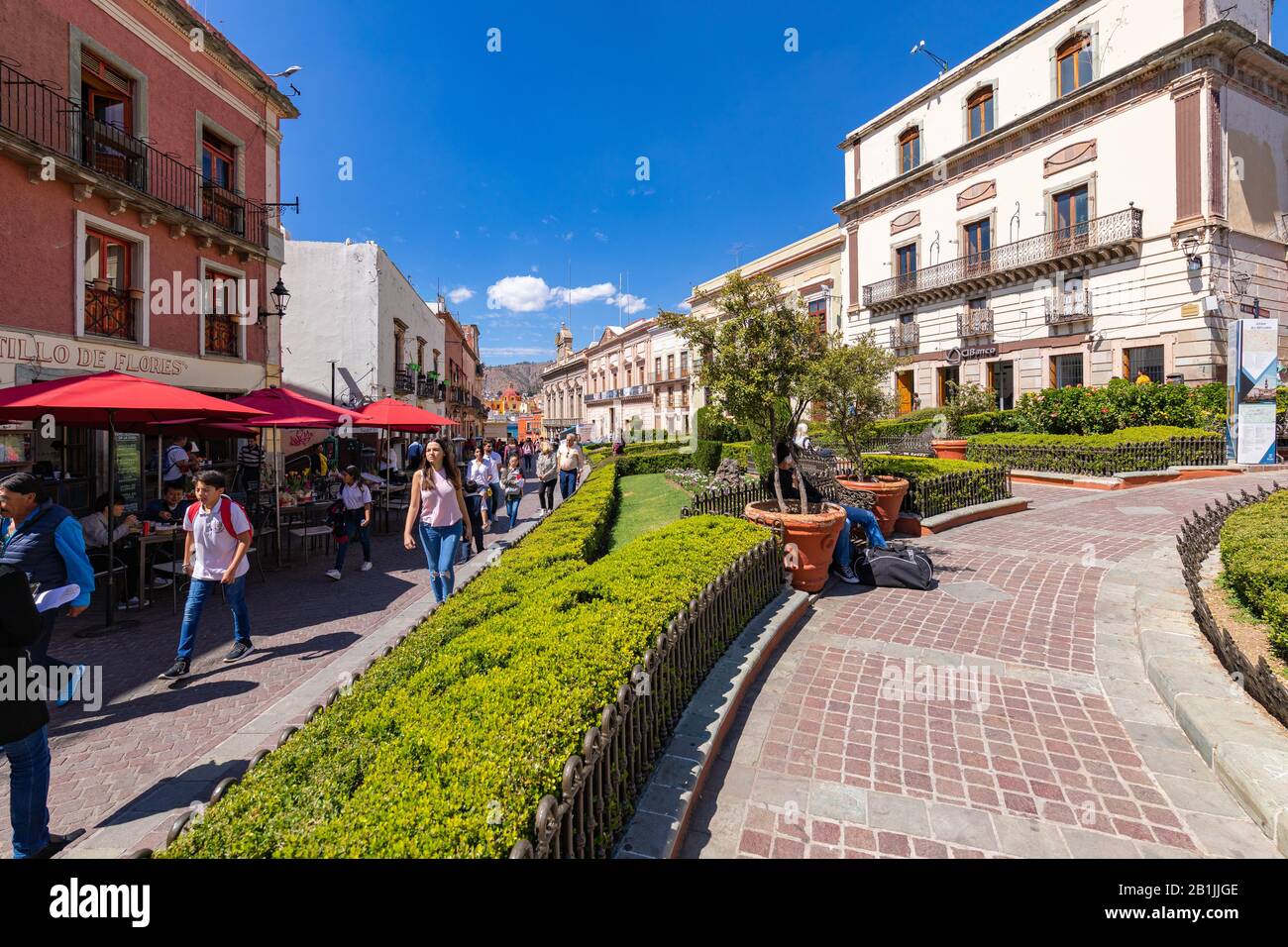 Colored colonial houses in old town of Guanajuato. Colorful alleys and ...
