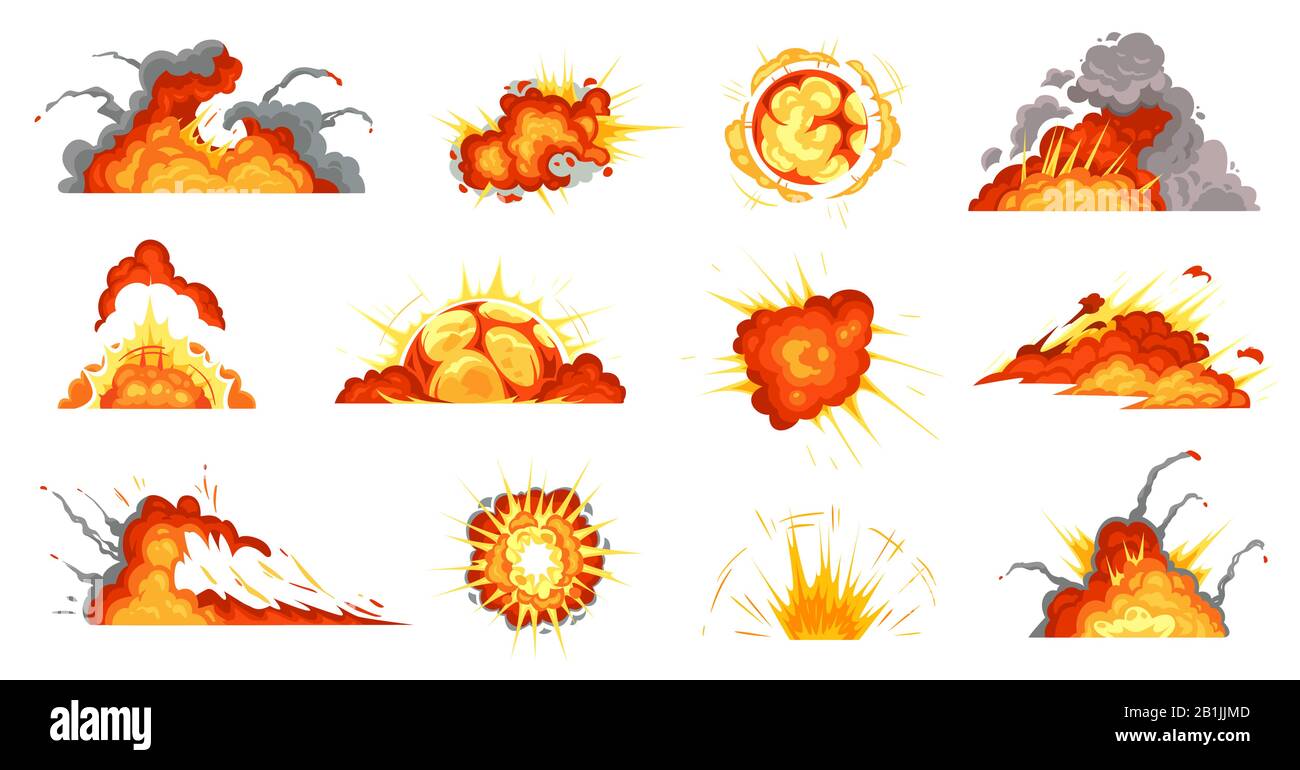 Cartoon explosions. Exploding bomb, fire cloud and explosion burst ...