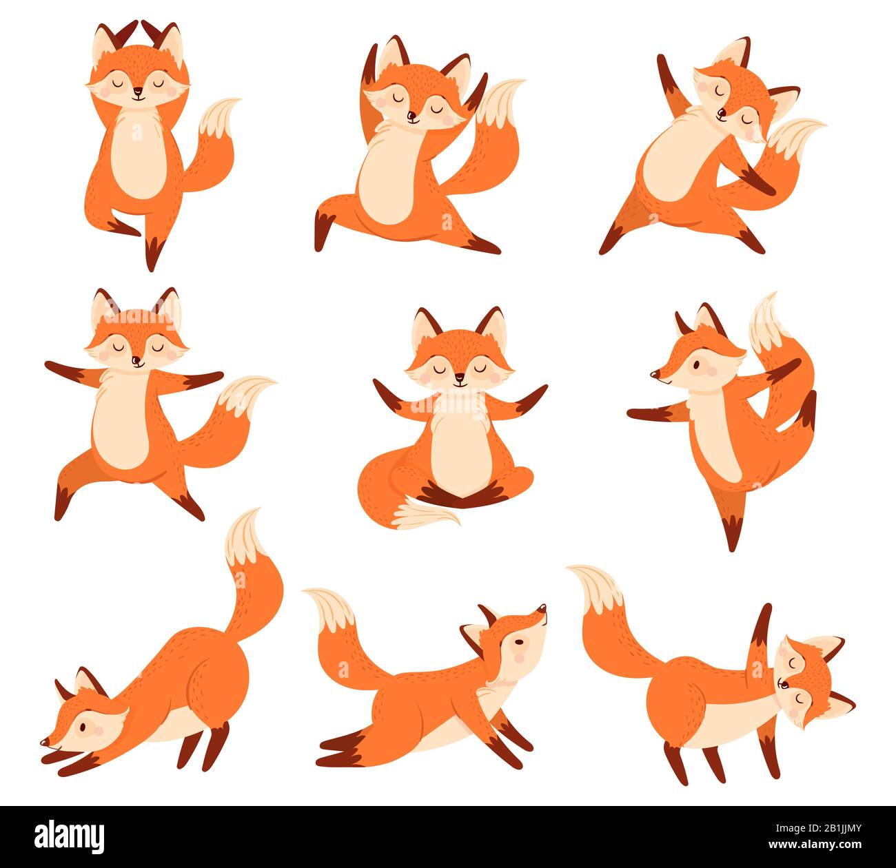 Cartoon fox in yoga poses. Healthy gymnastics, breathing exercises and ...