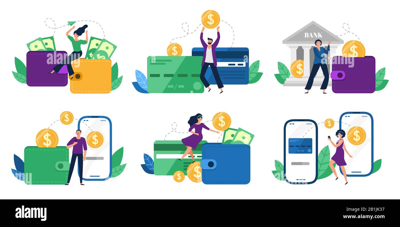 Money transfers. People sent money from wallet to bank card, mobile ...