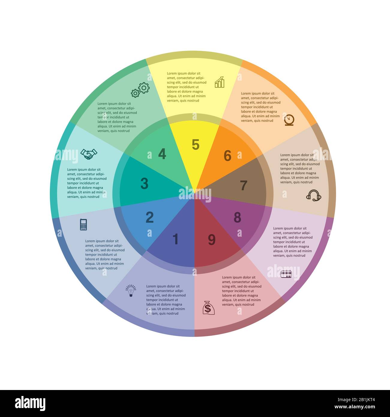 Template for infographics. Business project. Colorful ring. 9 positions ...