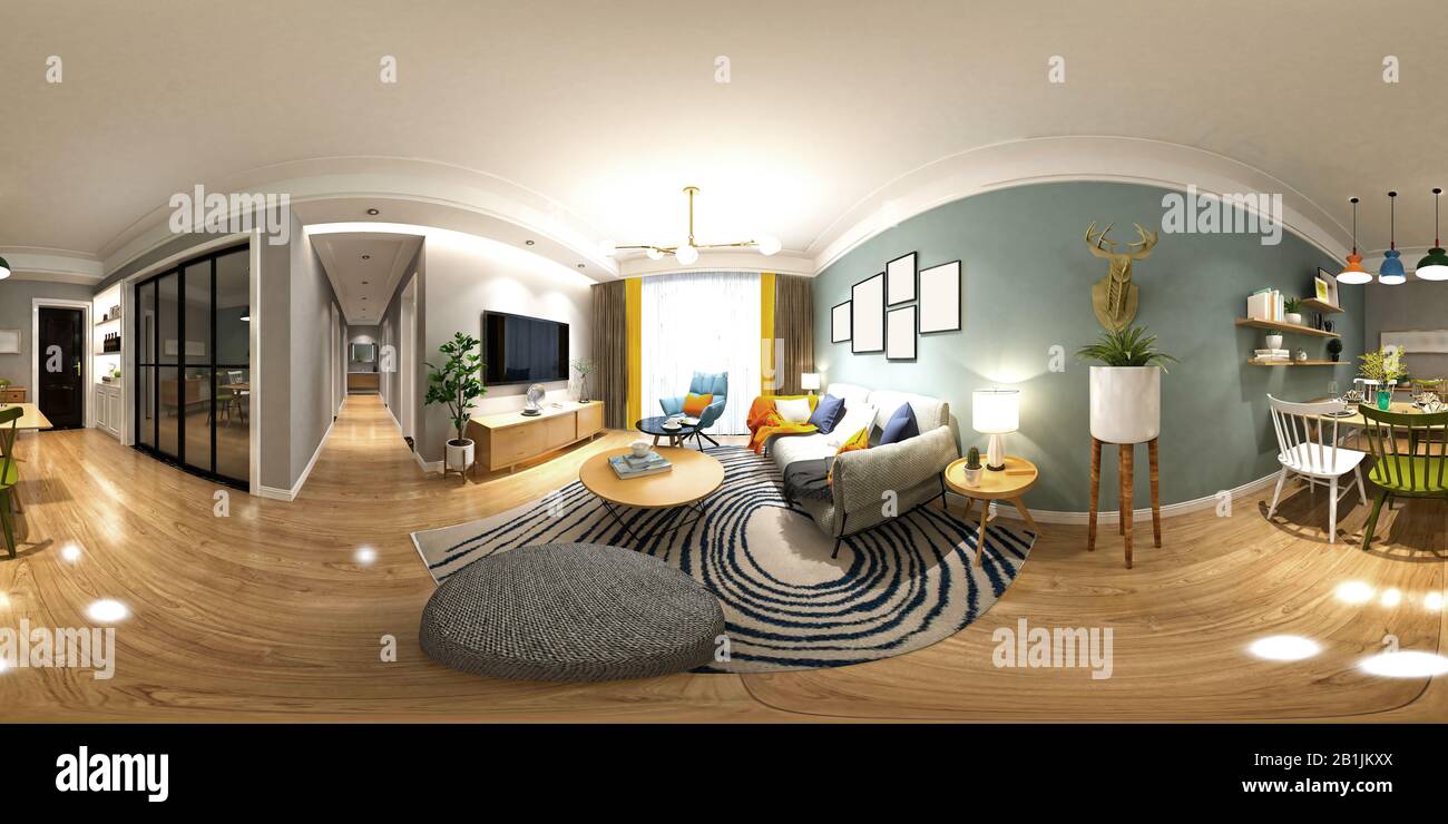 360 degrees home living and dining room, 3d rendering Stock Photo - Alamy