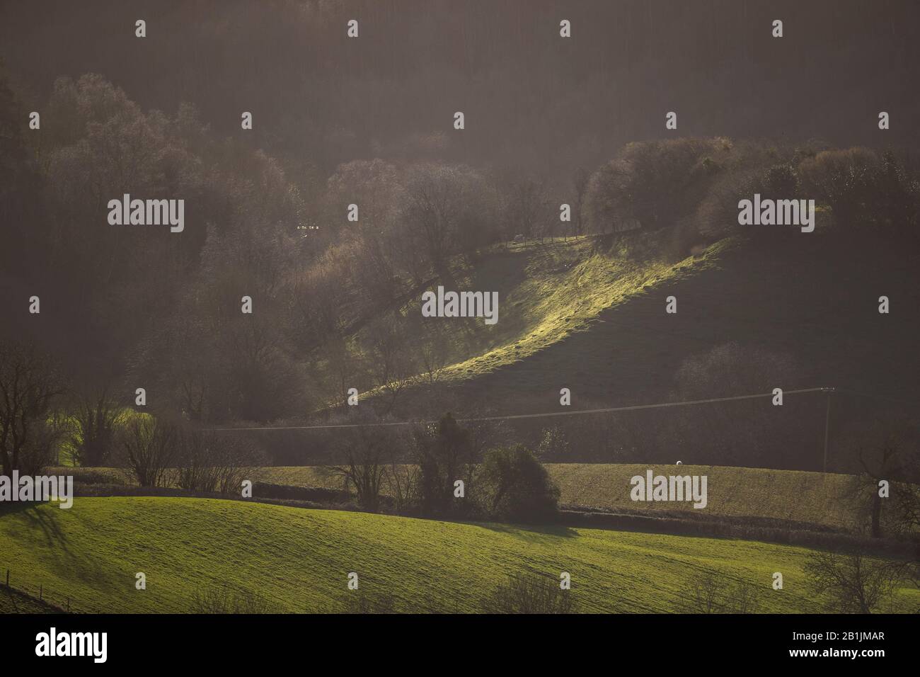Early morning light illuminates hamlets around Abenhall Road from the ...