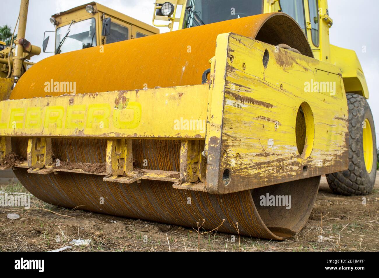 Pneumatic Tire Roller machine. Grey cloudy sky as background Stock ...